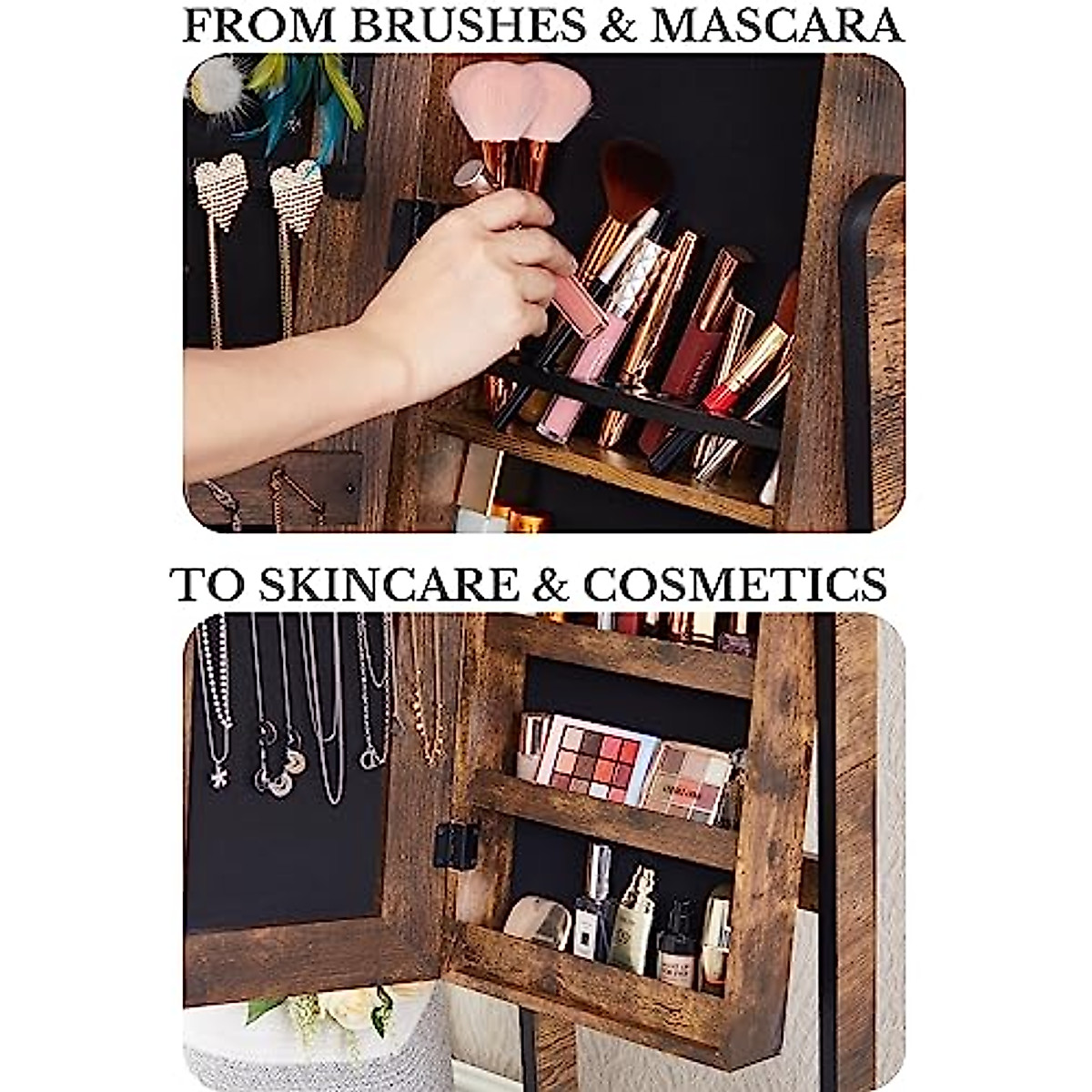 YOKUKINA Mirror Jewelry Cabinet with Lights, Full Length Mirror with Storage Organizer, Lockable Jewelry Armoire Makeup Mirror, Freestanding/Wall Mount/Over the Door, Rustic Brown