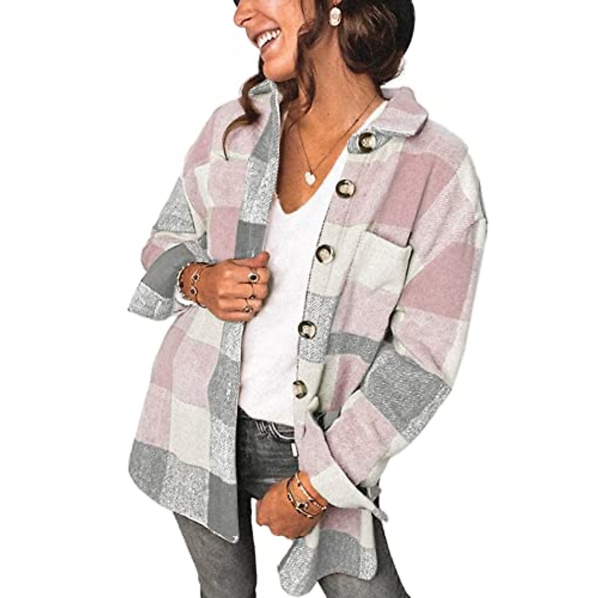 PRETTYGARDEN Women's 2023 Fall Clothes Plaid Shacket Jacket Long Sleeve Button Down Flannel Shirts Fashion Blouse(Pink,Medium)