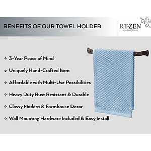 RTZEN Black Wrought Iron Wall Mounted Towel Holders and Coat Hooks Set - Handcrafted Classic Farmhouse Multipurpose Hanging Pieces for Home - Hand Towel Bar, Bath Towel Bar and 3 Pack Double Hooks