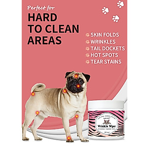 Natural Wrinkle Wipes for Dogs, 120 Count, Hypoallergenic Dog Wipes, Wrinkle Wipes French Bulldog, Cleaning & Deodorizing, Dog Wipes for Grooming Faces, Paws & Butts