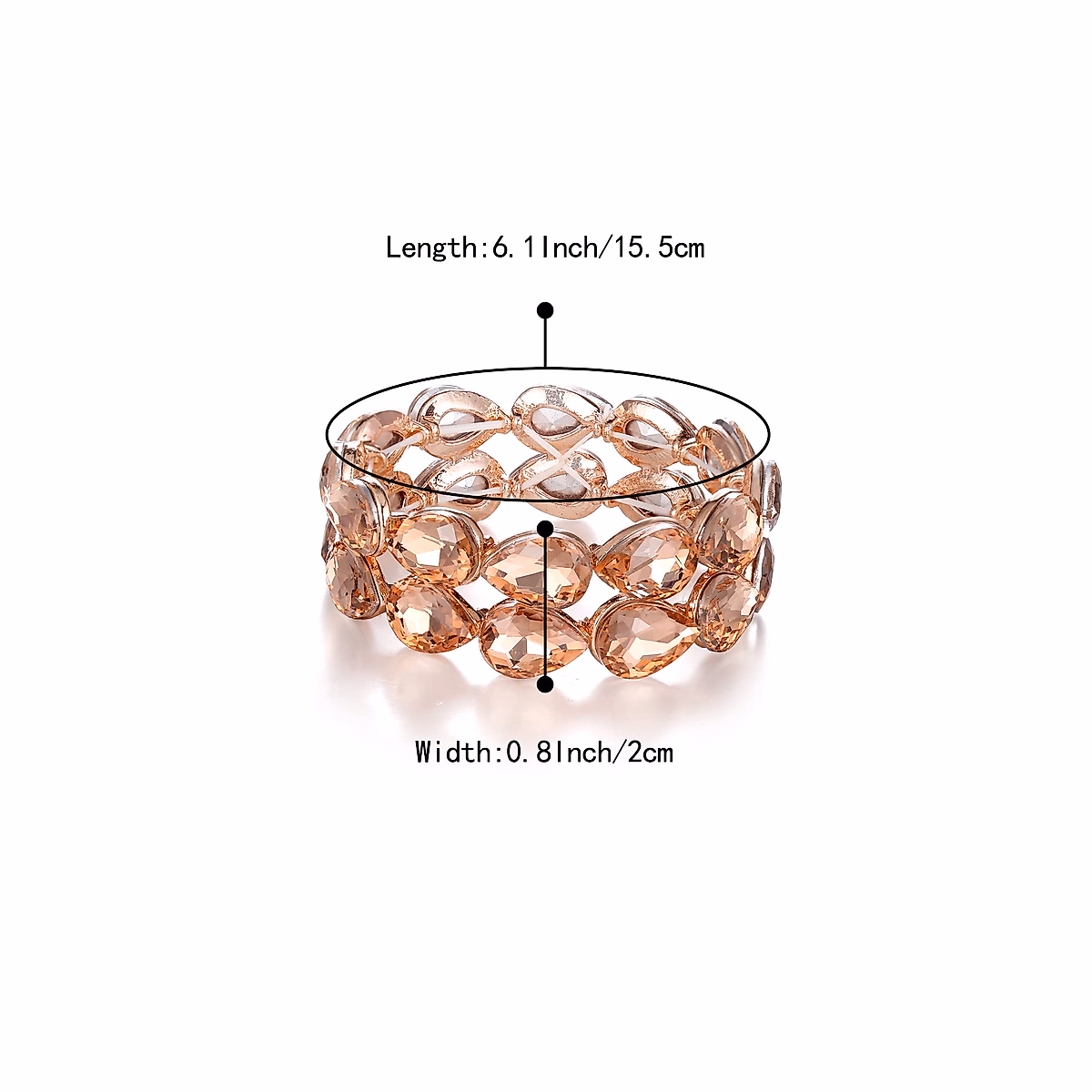 BriLove Wedding Bridal Elegant Crystal Double Row Teardrop Cluster Stretch Bangle Bracelet for Bride Peach Morganite Color Rose-Gold-tone