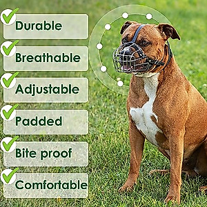 BRONZEDOG Pitbull Dog Muzzle Metal Mask Amstaff Wire Basket Pit Bull Adjustable Leather Straps for Large Dogs (Steel)