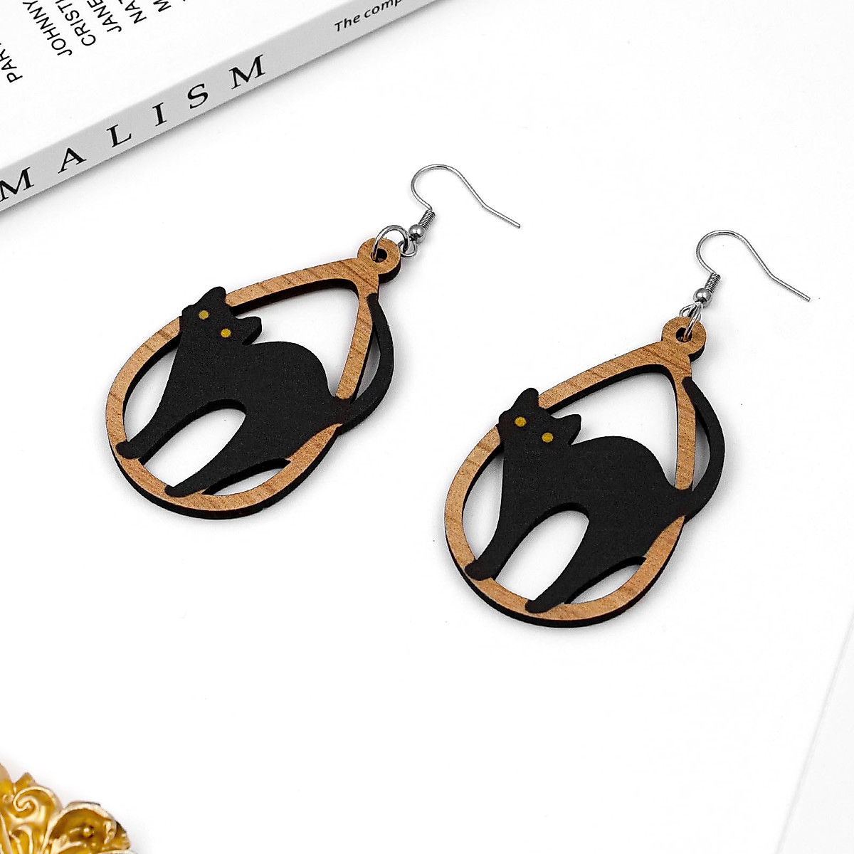 Yomlry Halloween Earrings for Women Pumpkin Black Cat Halloween Jewelry Ghost Bat Spooky Dangle Earrings for Halloween Eve Party Accessories Double-sided Holiday Wood Earrings Set Jewelry Gift black cat