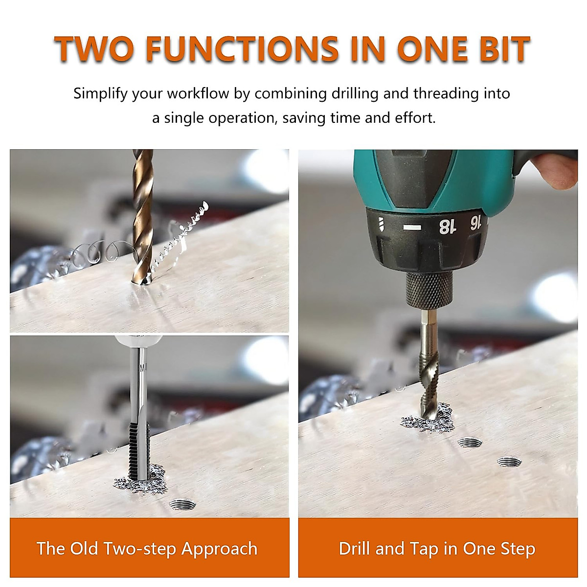 Hymnorq 6-Piece Combination Tap and Drill Bit Set with Dual Twist Flute and 118° Split Point, High-Speed Steel, 1/4" Hex Shank, Ranging from BSW 1/8"-40 to BSW 3/8"-16