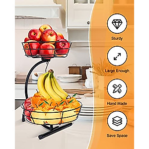 covsus 2 Tier Countertop Fruit Basket Bowl with Banana Hanger for Kitchen Counter, Wire Fruit Stand Holder for Fruits Vegetable Storage, Black