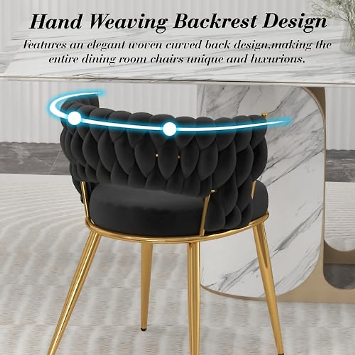 KCC Modern Velvet Dining Chairs Set of 2, Upholstered Living Room Chair with Woven Back and Golden Metal Legs, Mid-Century Accent Side Chair for Living Room, Dining Room, Kitchen, Black