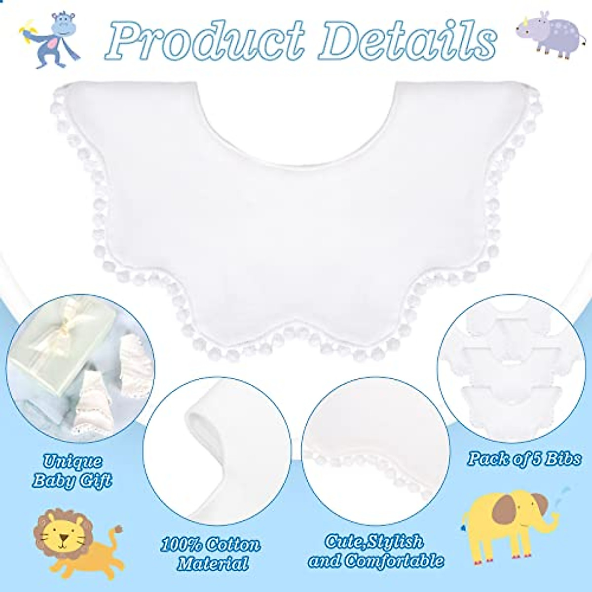 Whaline 5Pcs White Baby Bibs 360 Degree Rotate Newborn Drool Bibs Cotton Infant Bandana Flower Shape Absorbent Saliva Towel for Anti Stain Baby Boys Girls Teething Toddlers