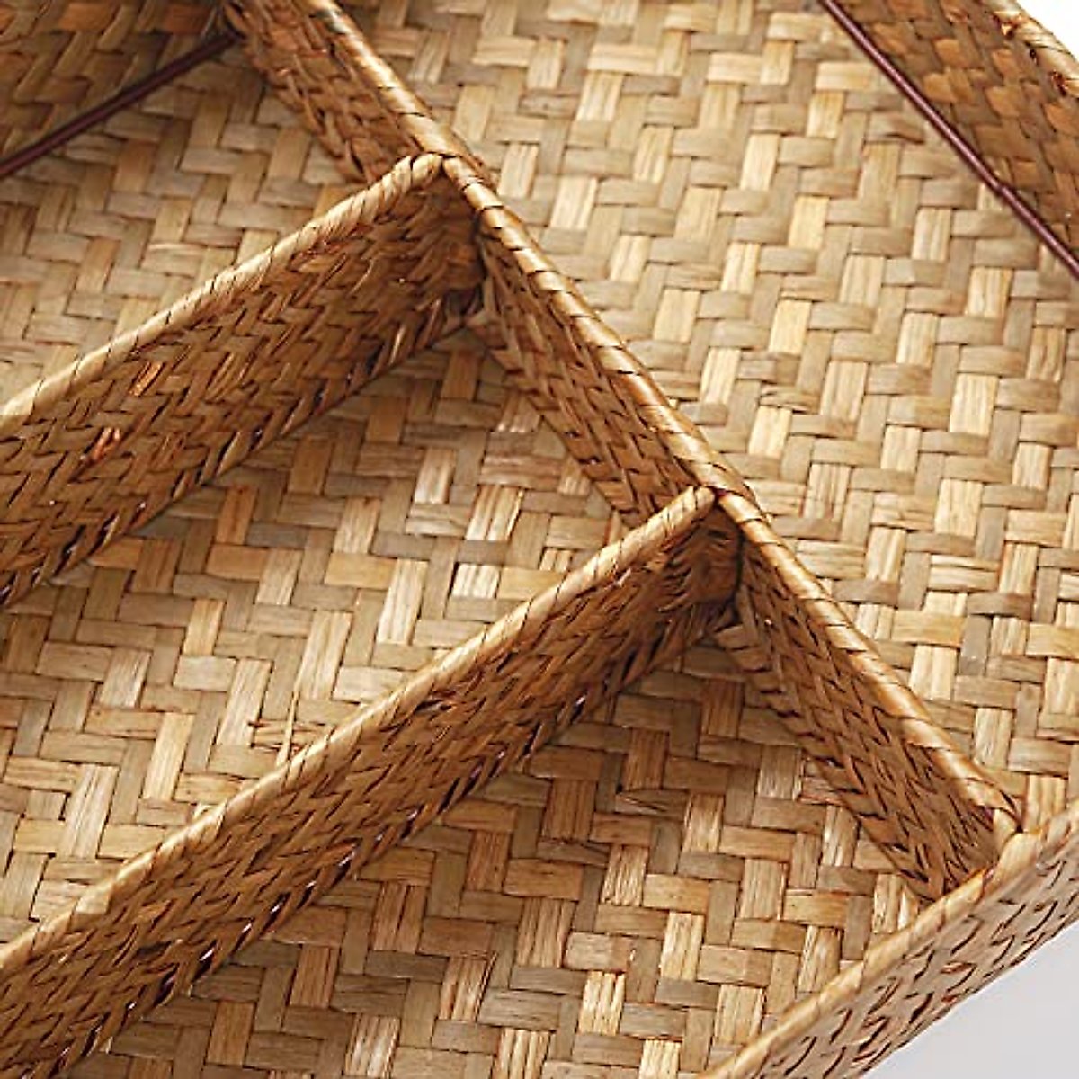Seagrass Storage Basket with Compartments Utensil Tray for Organization Silverware Flatware Rectangular Shelf Baskets with 4 Sections