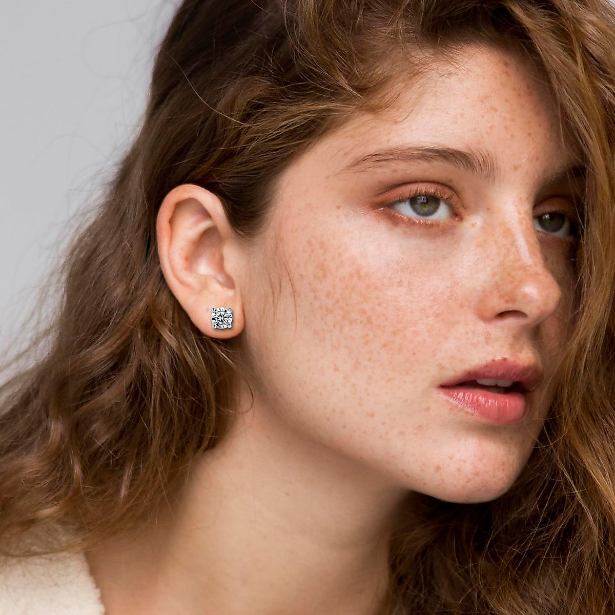 18K Gold Plated Sterling Silver Cubic Zirconia Stud Earrings for Women Men, Simulated Diamond CZ Studs Hypoallergenic Jewelry (8mm, 18K White Gold Plated Sterling Silver - Silver)