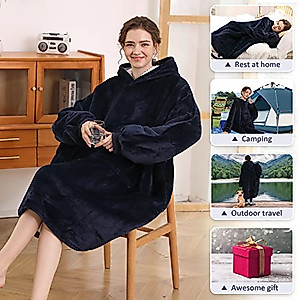 Wearable Blanket Hoodie for Men & Women, Oversized Hoodie Blanket Adult, Sherpa Fleece & Flannel Blanket with Sleeves and Giant Pocket, Machine Washable, Convenient for Home and Outdoors, Navy Blue
