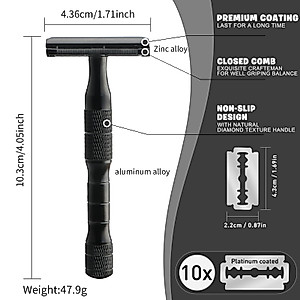 Matte Black Double Edge Safety Razor for Women and Men, Reusable Metal Single Blade Razors, with 10 Platinum Coated Safety Razor Blades