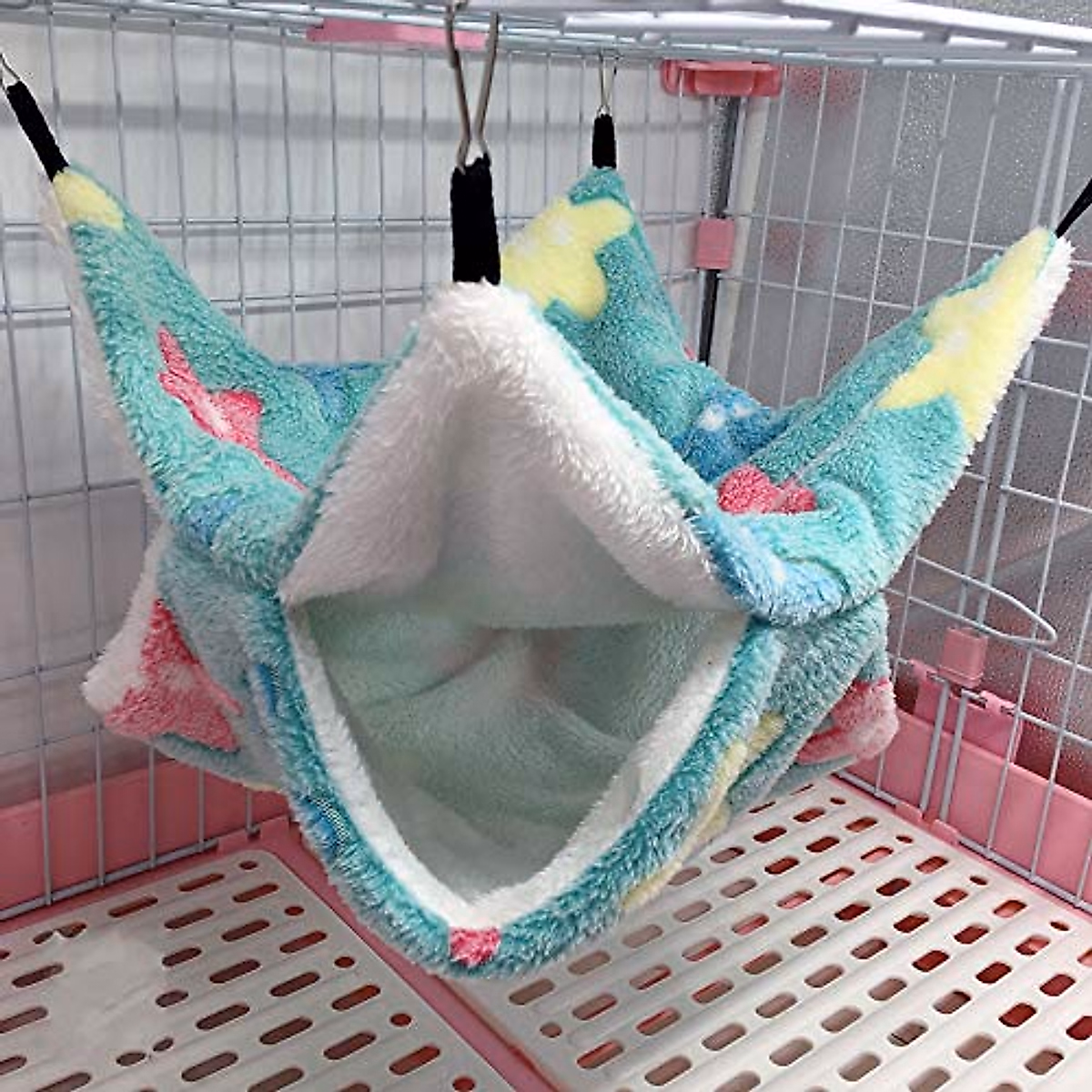 Vedem Small Animals Hanging Bunkbed Fleece Cage Hammock Bed for Hamster Sugar Glider Ferret Squirrel Chinchilla (Star-Green)