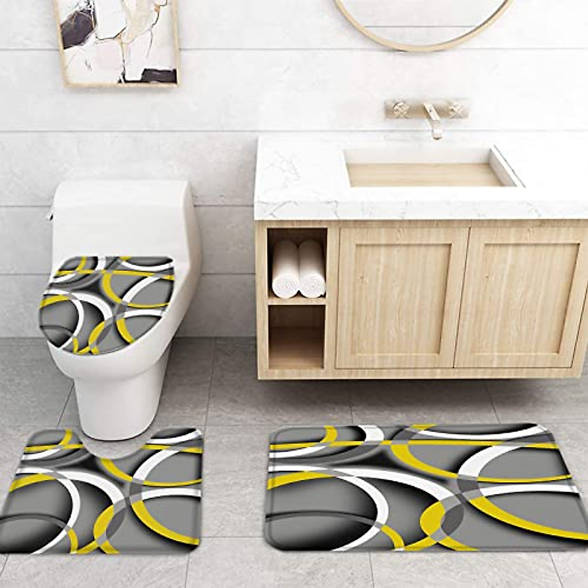 EwdeWwo Modern Art 4 Piece Shower Curtain Sets with Non-Slip Rugs, Toilet Lid Cover and Bath Mat, Yellow Gray and White Circle Abstract Geometric Shower Curtain with Hooks, Durable and Waterproof