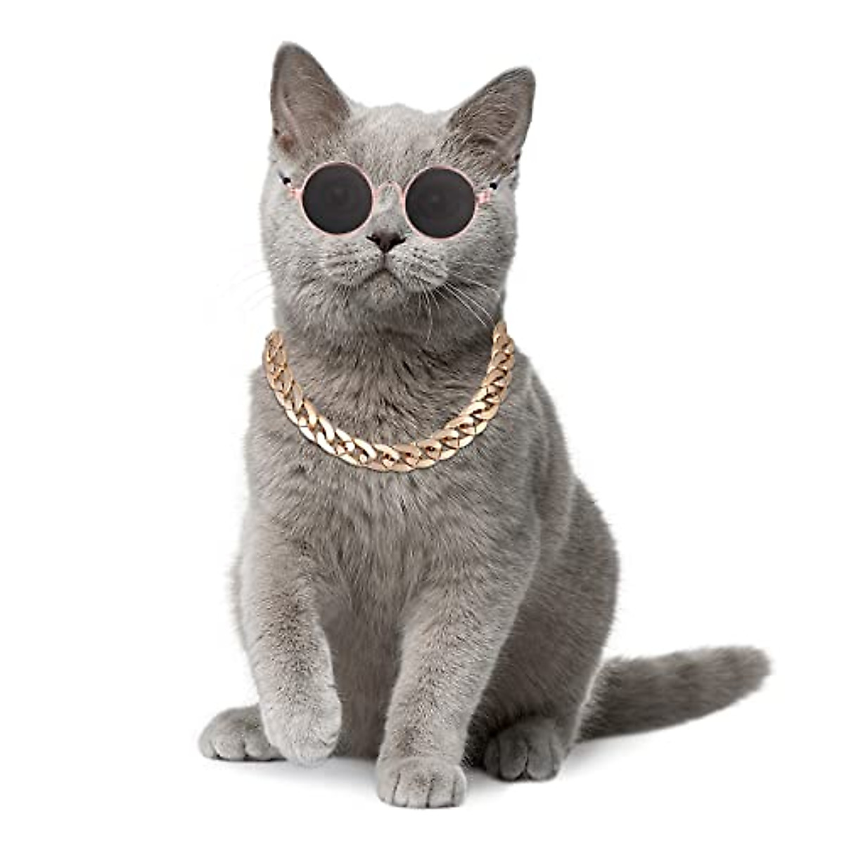 cobee Cat Sunglasses, Retro Kitten Sunglass with Rose Gold Chain Eye UV Protection Classic Small Cat Glasses Cosplay Costume for Photo Props Cute Pet Decorations for Birthday Party
