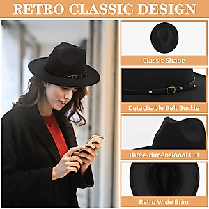 Women Classic Wide Brim Fedora Hat, 4 Pack Retro Panama Hat Wool Fedora Hat with Belt Buckle (Black+Army Green+Camel+Wine Red)