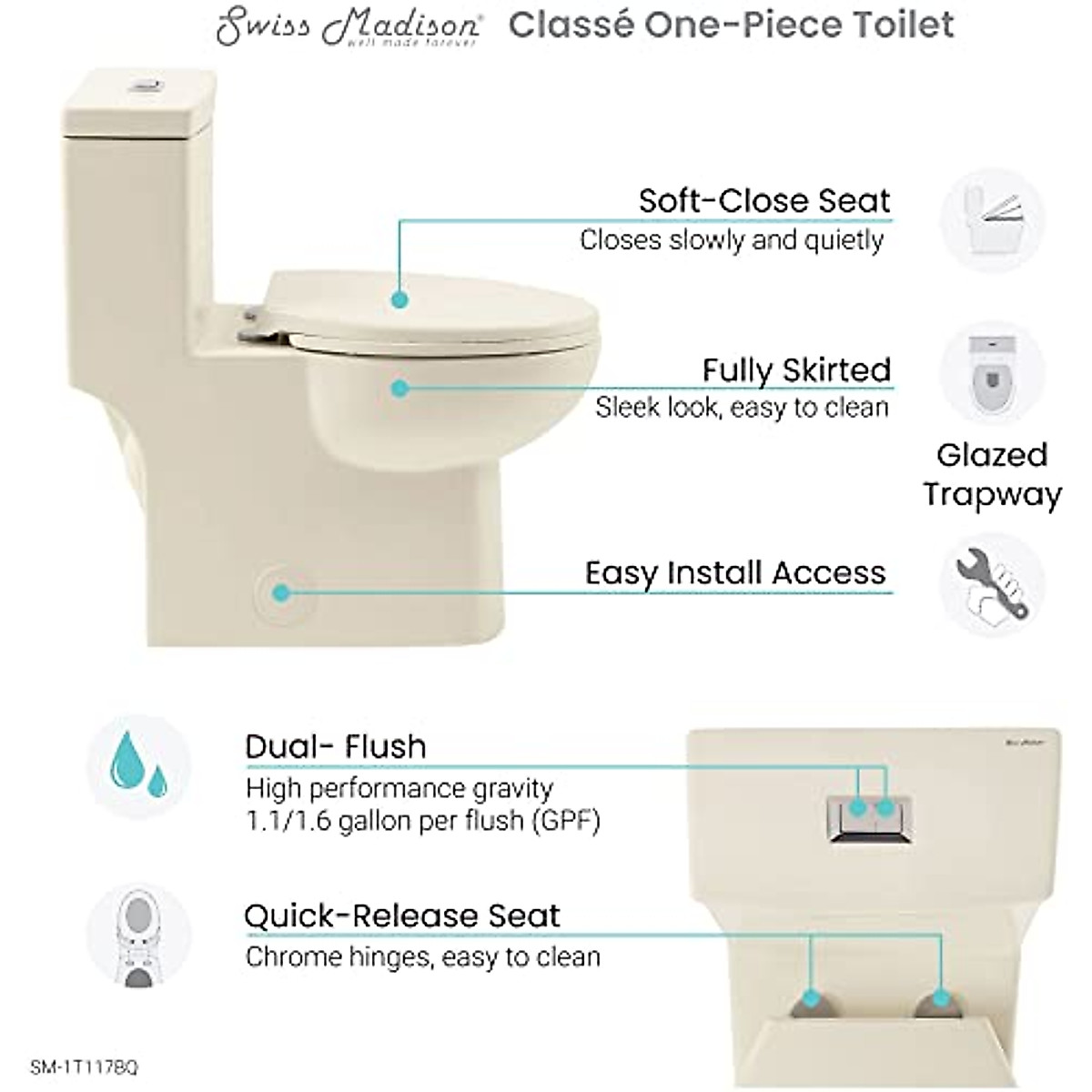 Swiss Madison Well Made Forever SM-1T117 Classe One Piece Toilet Dual Flush 0.8/1.28 gpf, Glossy White