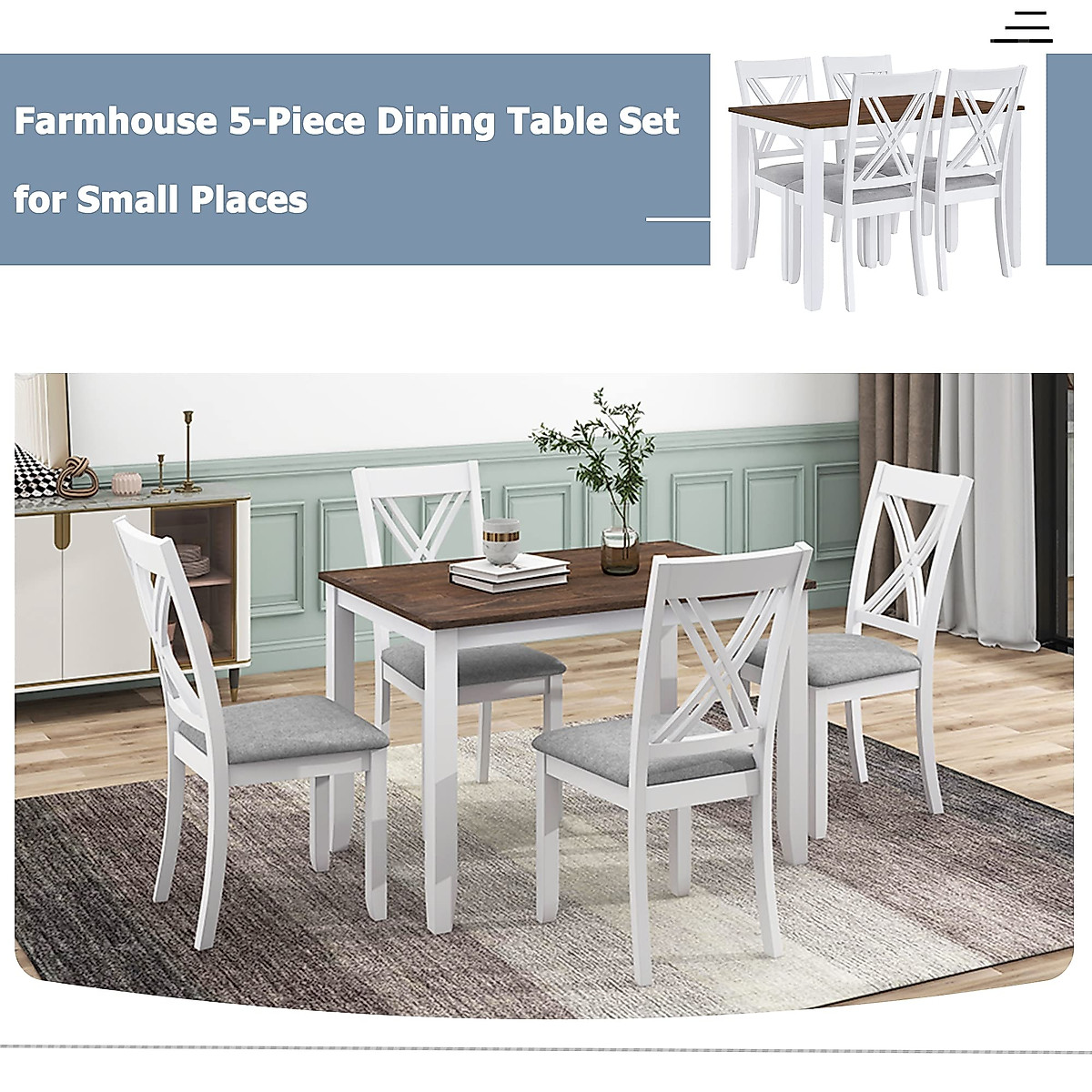 Harper & Bright Designs Rustic Wood 5-Piece Dining Table Set, Wood Kitchen Table Set with Table and 4 X-Back Dining Chairs, White