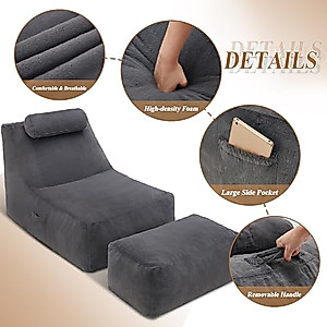 Homguava Bean Bag Chair Large Indoor Beanbag Sofa Lazy Beanbag with Neck Roll&Ottoman Cozy Floor Sofa with Washable Cover&Side Pocket for Bedroom (Grey)