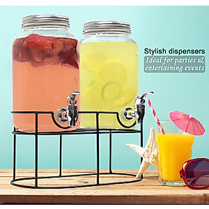 Estilo Glass Double Drink Dispenser with Stand - Set of 2, 1 Gallon Glass Beverage Dispenser with Stand, Glass Drink Dispenser, Glass Jar with Lid, Mason Jar for Weddings, Juice Dispensers for Parties