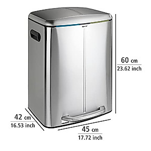 WENKO Primo 10 Gallon Dual, odorless, Waste, (WxHxD): 8.9x9.1x12.6 in, Stainless Steel Lid and Foot Pedal, Garbage Bin, Handsfree, Step Trash Can, Chrome