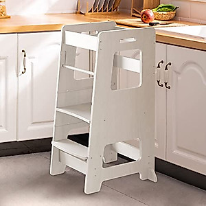 Kitchen Step Stool, WOOD CITY Toddler Kitchen Stool Helper with Safety Rail, Height Adjustable Child Standing Tower Learning Stool for Kitchen Counter and Bathroom Sink (White)