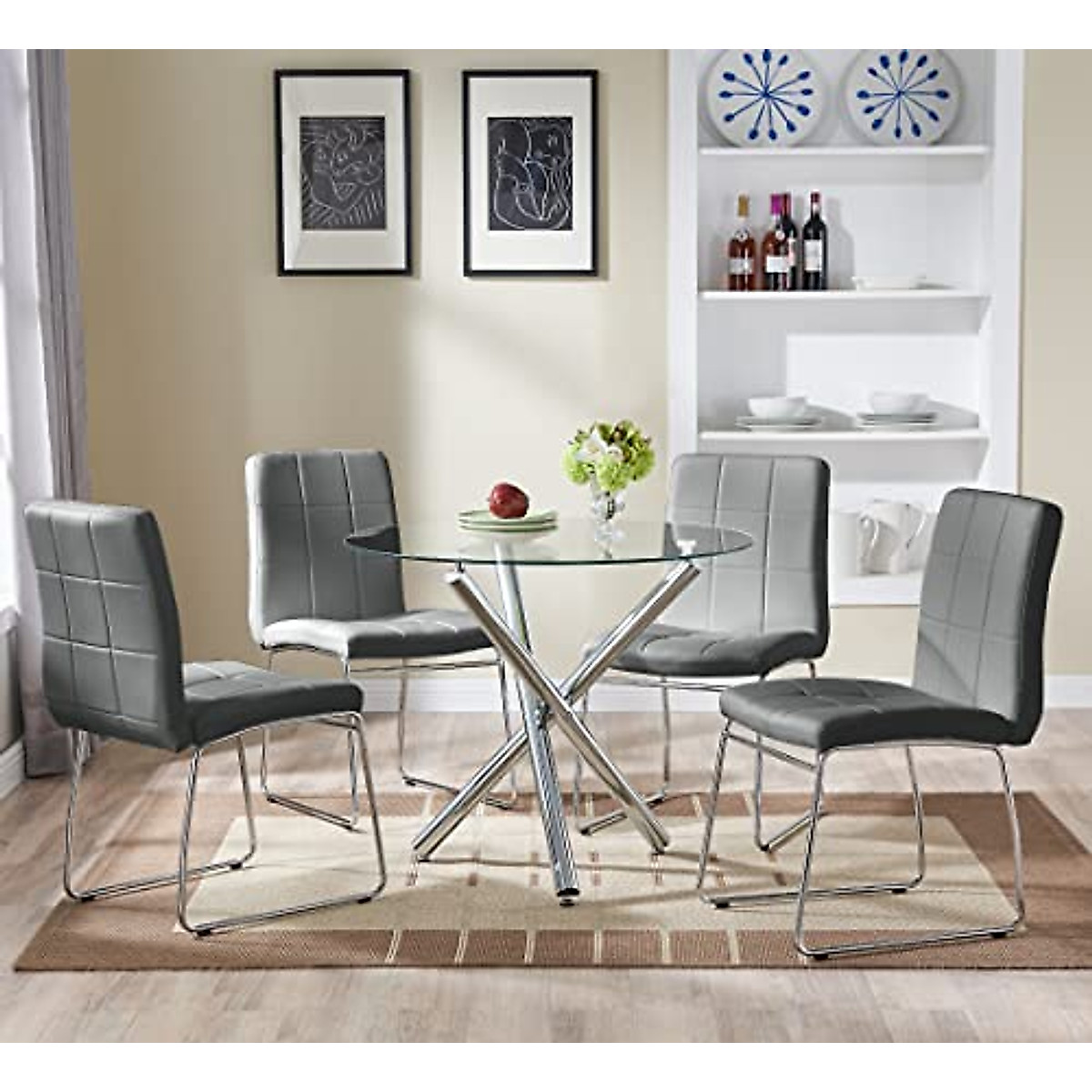 5 Pieces, Dinner Table Set for 4, Dining Table Set for 4, 1 Round Glass Dining Table and 4 Faux Leather Kitchen Chairs for Dining Room, Small Space, Apartment, Living Room, Chrome Metal Legs, Grey