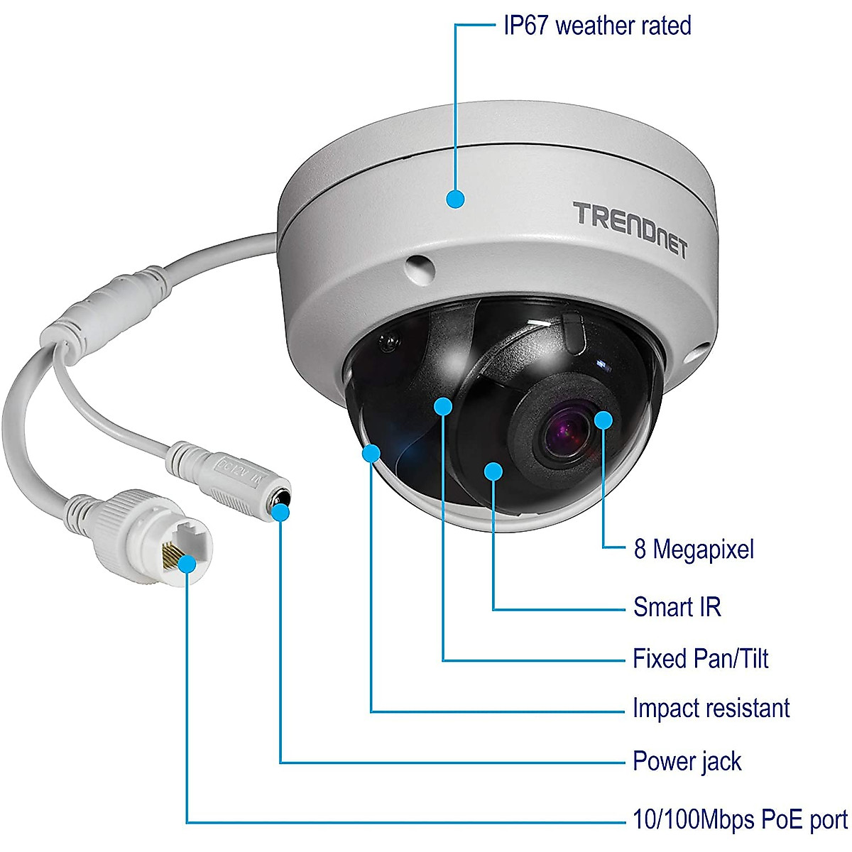 TRENDnet Indoor Outdoor 8MP 4K H.265 120dB WDR PoE Dome Network Camera, IP67 Weather Rated Housing, SmartCovert IR Night Vision Up To 30m (98 ft.), MicroSD Card Slot, White, TV-IP1319PI
