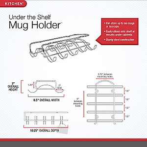 Spectrum Diversified Under The Shelf Mug Holder, Optional Mounting Slides Over Kitchen Cabinet Shelves, Holds Up to 8 Coffee Mugs & Tea Cups, 10 x 8.5 x 3 inches, Chrome
