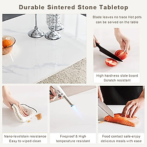 WEKEOT 50" White Modern Sintered Stone Dining Table Set for 4 Faux Marble Dining Table with 4 Upholstered PU Leather Chair Dining Room Table Set(1White Table+4White and Gray Chairs)