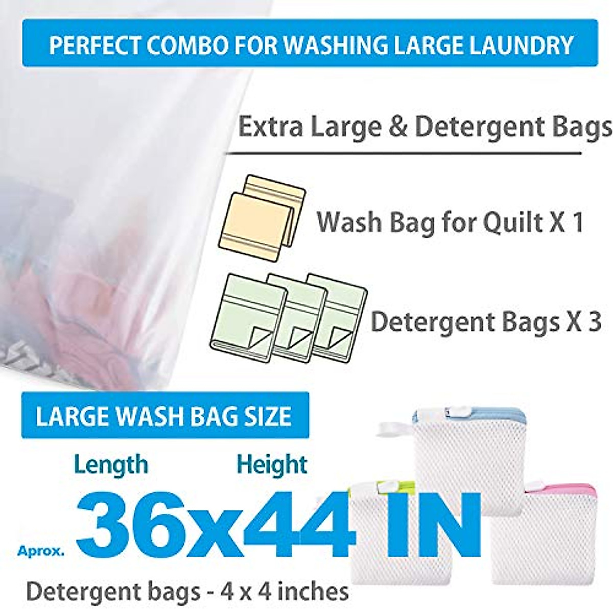 Large Laundry Bags, Tomoda 36” x 44” Extra Large Mesh Laundry Bags with 3 Small Laundry Bags for Washing Machine, Heavy Duty Zipper Wash Bags for Quilts/Sheets/Winter Coats