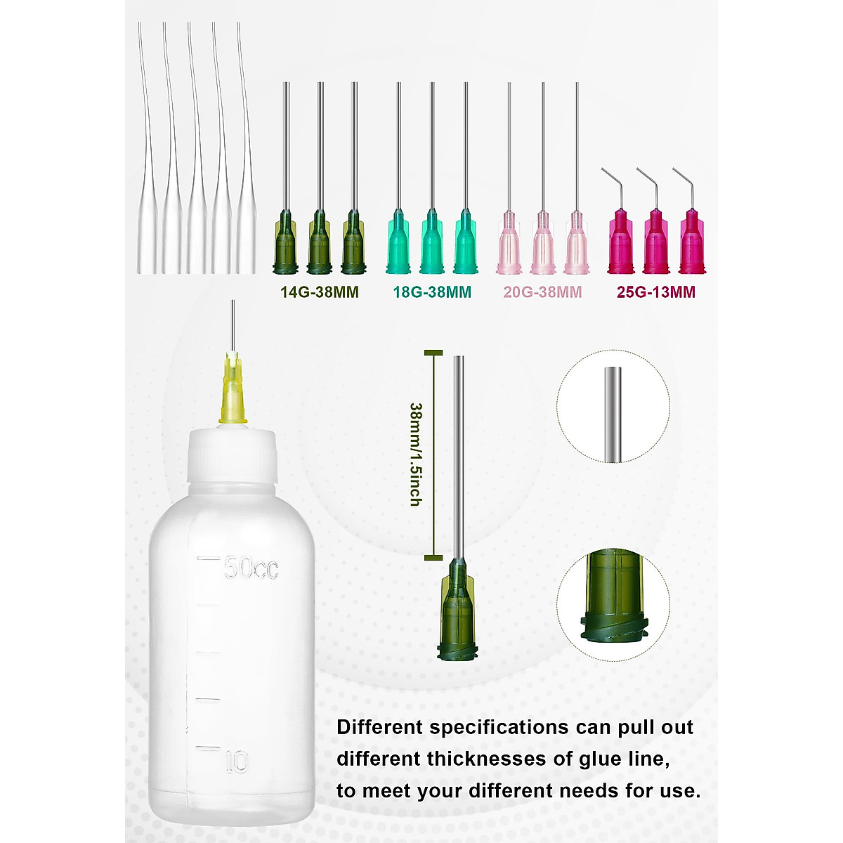 JIBENGAO 2 sizes needle tip squeeze bottle, precision tip applicator bottle with Blunt Needle Tip 14ga 18ga 20ga 25ga, Craft glue bottles for Craft Art Project,Paint Quilling Craft (30, 50 ML)