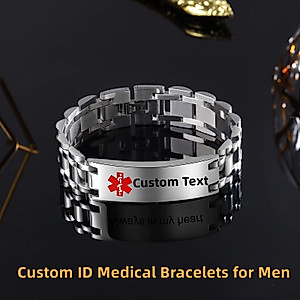 Nameinhea Custom Medical Alert Bracelets for Women Men Free Engraved Adjustable Stainless Steel Waterproof Emergency Medical ID Bracelets Allergy Wristband