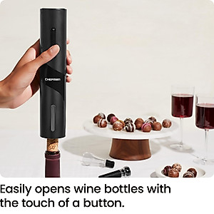 Chefman Electric Wine Opener Makes Opening Bottles Fast, Foolproof, And Fun! Black, Battery-Operated 4-Piece Corkscrew Set Comes With A Foil Cutter, Pourer, And Vacuum Stopper