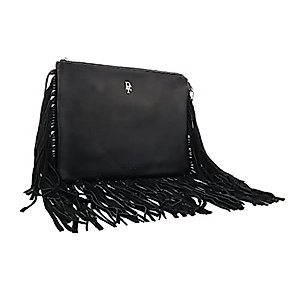 Daniela Fargion Black Leather Suede Fringe Pouch Clutch for womens