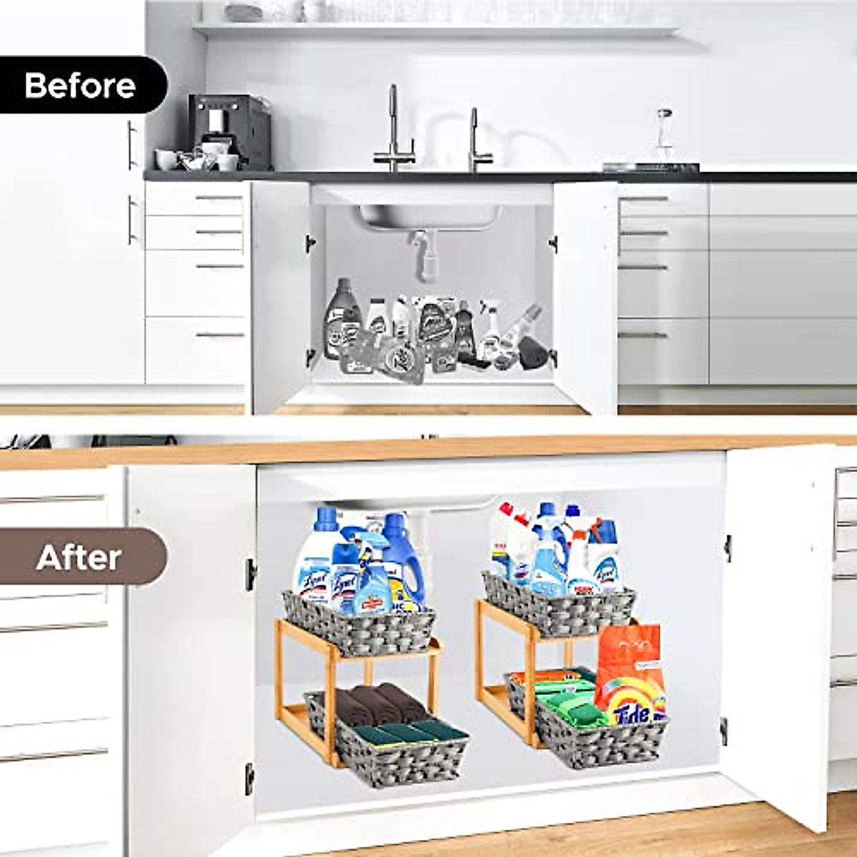 TCJJ 2-Tier Woven Baskets for Storage, Under Bathroom/Kitchen Sink Organizers and 2 Sliding Storage Bamboo Tray Bathroom Kitchen Pantry Medicine Cabinet Counter(Grey) (SBBH)