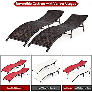 Tangkula Set of 2 Patio Chaise, Foldable Outdoor Patio Wicker Lounger Chair, with Double-Sided Cushions, Suitable for Poolside Garden Lawn Backyard Deck and Sunroom