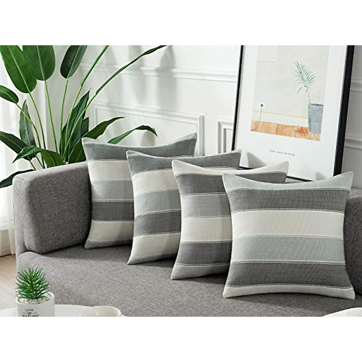 AmHoo Pack of 2 Farmhouse Stripe Check Throw Pillow Covers Set Case Cotton Linen Decorative Pillowcases Cushion Cover for Couch Bench Sofa 20x20Inch Dark Grey Beige