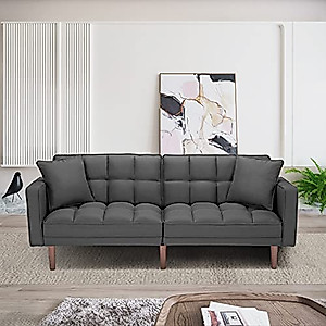 BENDIC Modern Tuft Futon Couch Convertible Loveseat Sleeper Reclining Sofa Bed Twin Size with Arms and 2 Pillows for Living Room, Dark Grey