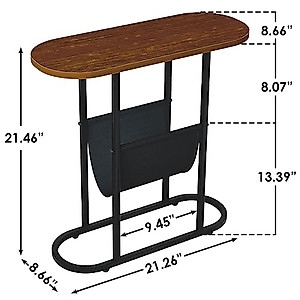 graffitimaster Oval Narrow Side Table with Magazine Sling Holder Pouch, Slim End Table with Metal Frame for Living Room Bedside Bedroom Couch Small Spaces, Retro Wood Grain Finish