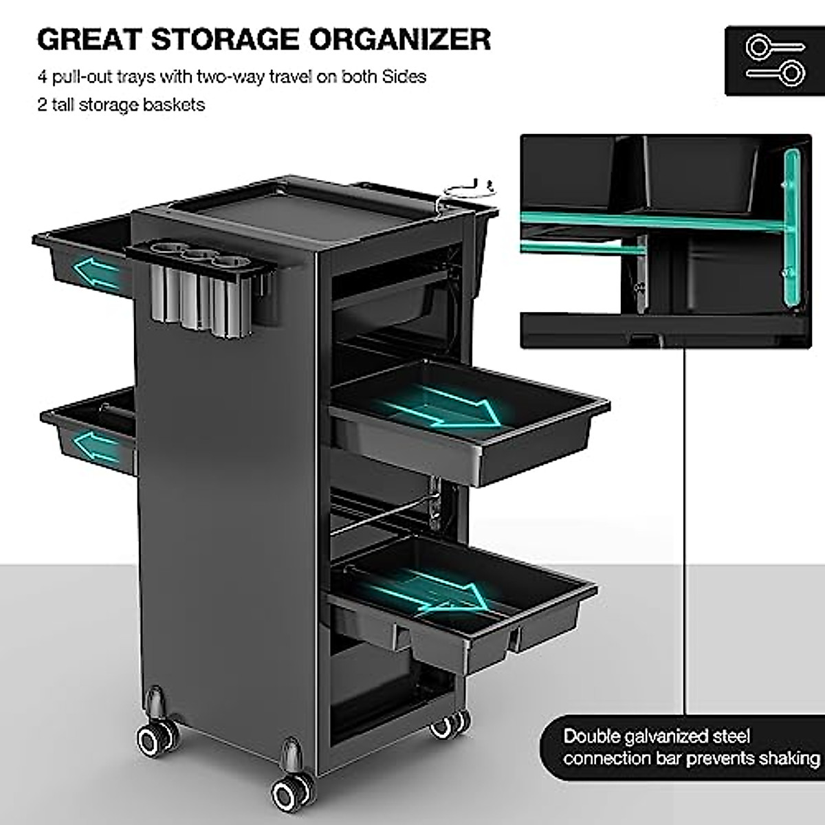 Paddie Salon Rolling Cart for Hair Stylist, 4 Organized Drawers, 2 Storage Baskets, Hairdryer & Tools Holder, Flexible Combination