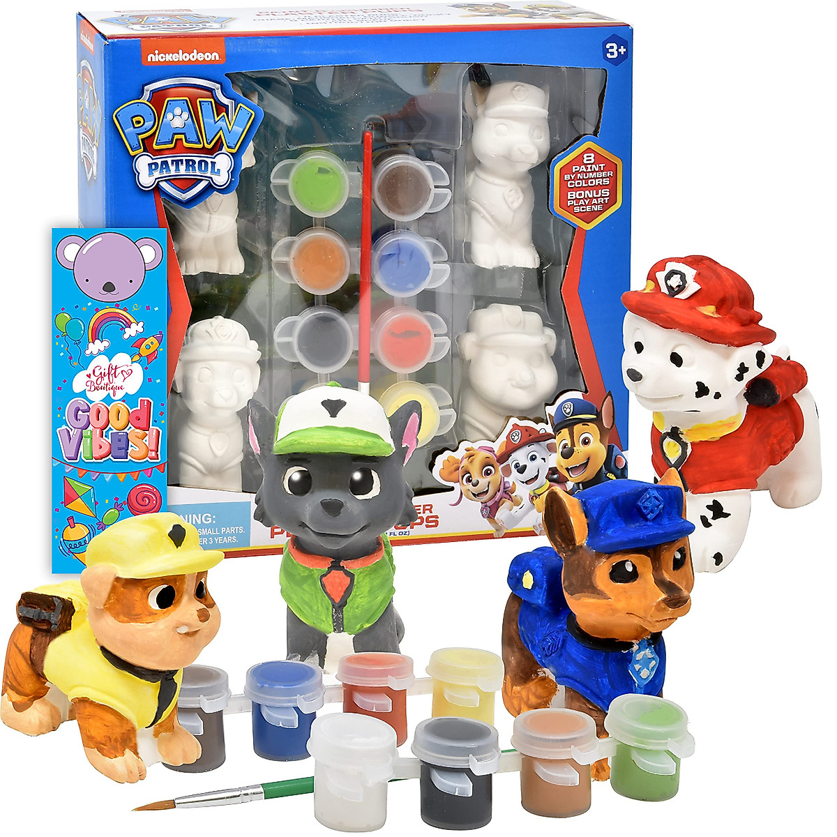 Gift Boutique Paint Your Own Paw Patrol Figurines, Paintable Art Craft Set for Kids Includes Decorating Paw Figures Marshall Rubble Chase and Rocky, 8 Pots of Paint, Paint Brush and Bookmark