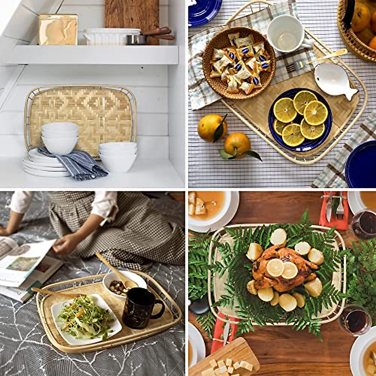 PEMAR Wicker Serving Trays w Handles,Rectangular Hand-Woven Lap Trays,Bamboo Bedroom Trays,Cabin Trays for Foods & Drinks. Decorative Trays for Coffee Tables,Breakfast,Dinners,Bed Eating. 2 Pack Set