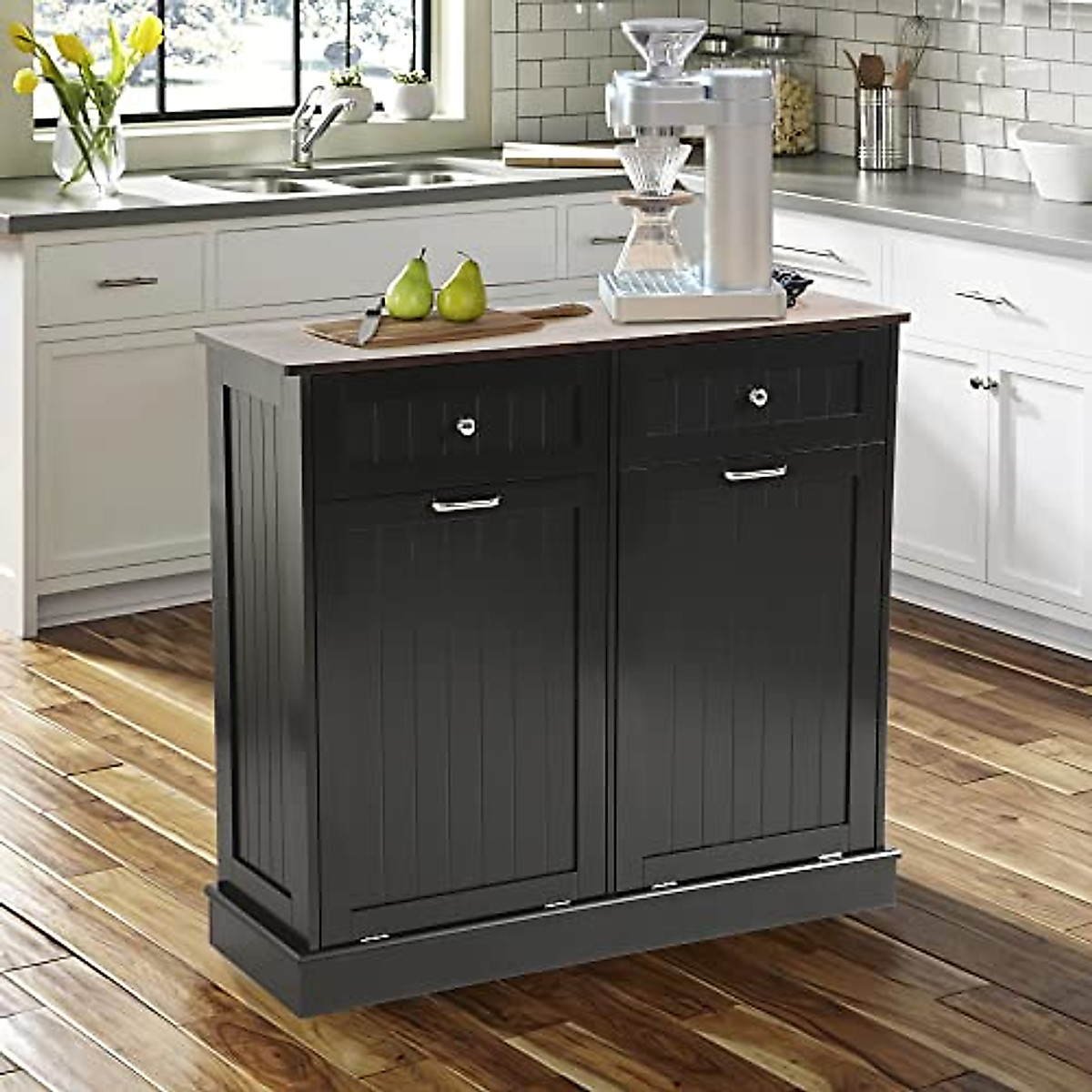 KIGOTY Dual Kitchen Trash Cabinet, Double Tilt Out Trash Can Cabinet with Countertop and Drawer, Free-Standing Pet Proof Recycling Cabinet Garbage Can Holder (Black)