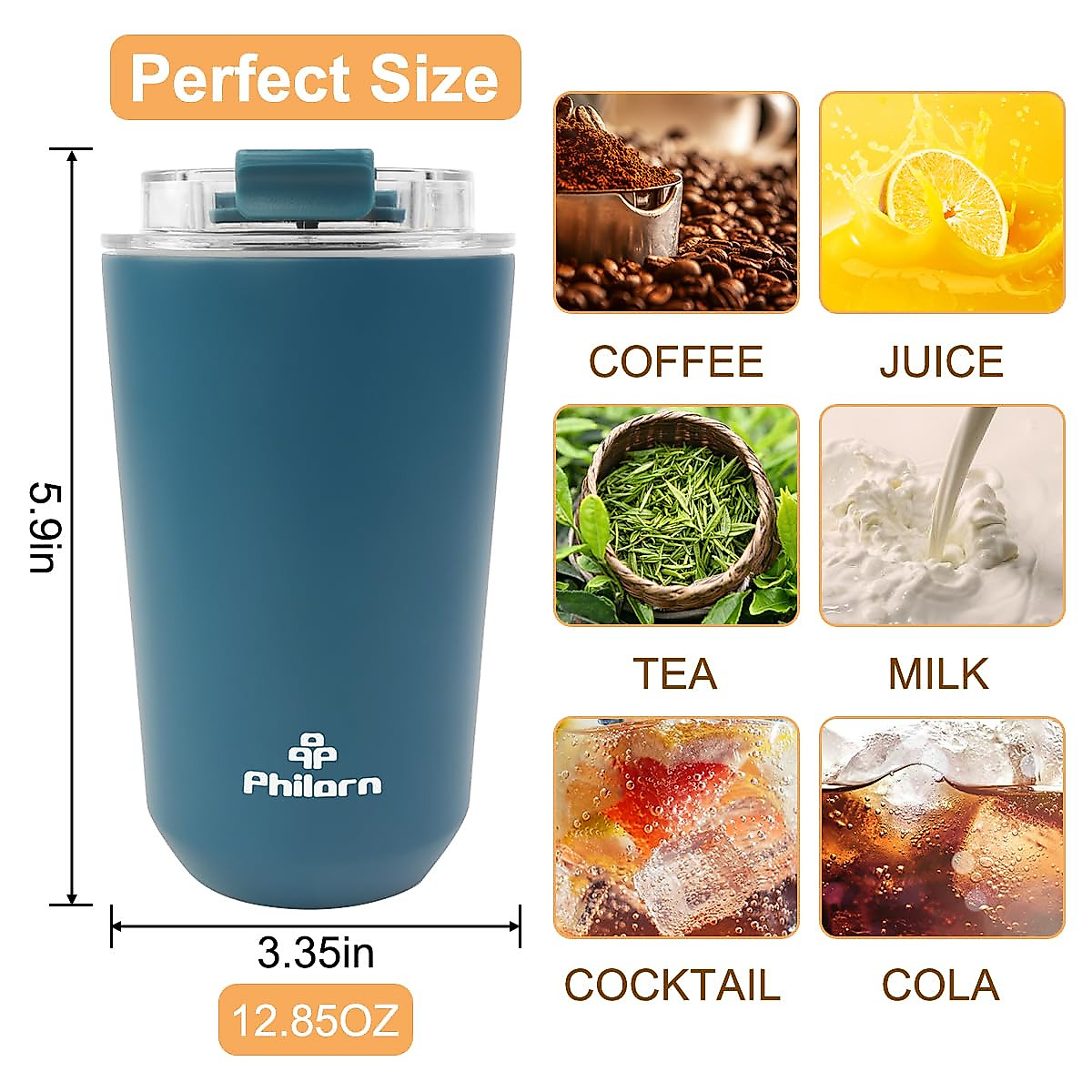 PHILORN Coffee Mug with Lid, 12 OZ Travel Mug, Leak-proof to go Coffee Mug, Stainless Steel Thermal Coffee Mug with Double Wall, Insulated Coffee Tumbler for Men and Women for Hot & Cold Drinks…