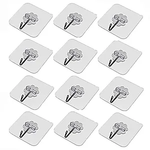 Wall Hooks 13.3lb(Max) Transparent Self Adhesive Hooks Waterproof Seamless Strong Hooks for Kitchen, Bathroom,12 Pack