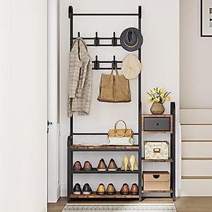 IDEALHOUSE Hall Tree Storage Bench for Entryway, Coat Rack Shoe Bench with Storage Drawer, 5-in-1 Coat Rack Storage Shelf and 8 Hooks, Coat Tree for Small Spaces, Entryway, Bedroom, Rustic Brown