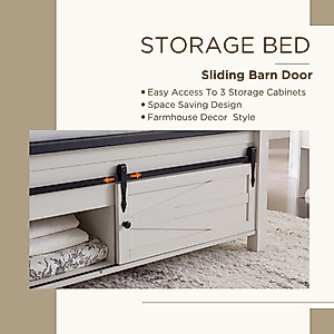 JXQTLINGMU Farmhouse Wood Bed Frame King Size with Sliding Barn Door Storage Cabinets and Headboard, Solid Wood Slats Support, Noiseless, No Box Spring Needed, Antique White