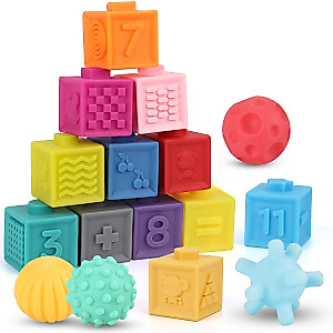 Nueplay Baby Blocks Toys Early Learning Building Blocks Ball Set Teethers Babies Bath Toys Squeeze Play with Numbers Shapes Animals Fruit and Textures Toy for 6 Months & Up Toddlers-16 PCS