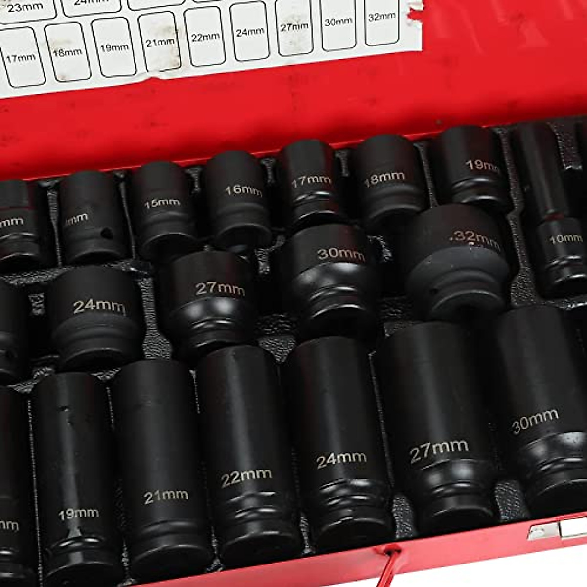 TYFYB 35pcs 1/2 Inch Drive Deep Impact Socket Tool Set Metric Garage Workshop Tools,Heavy Duty Impact Socket Set with Portable Case, Red