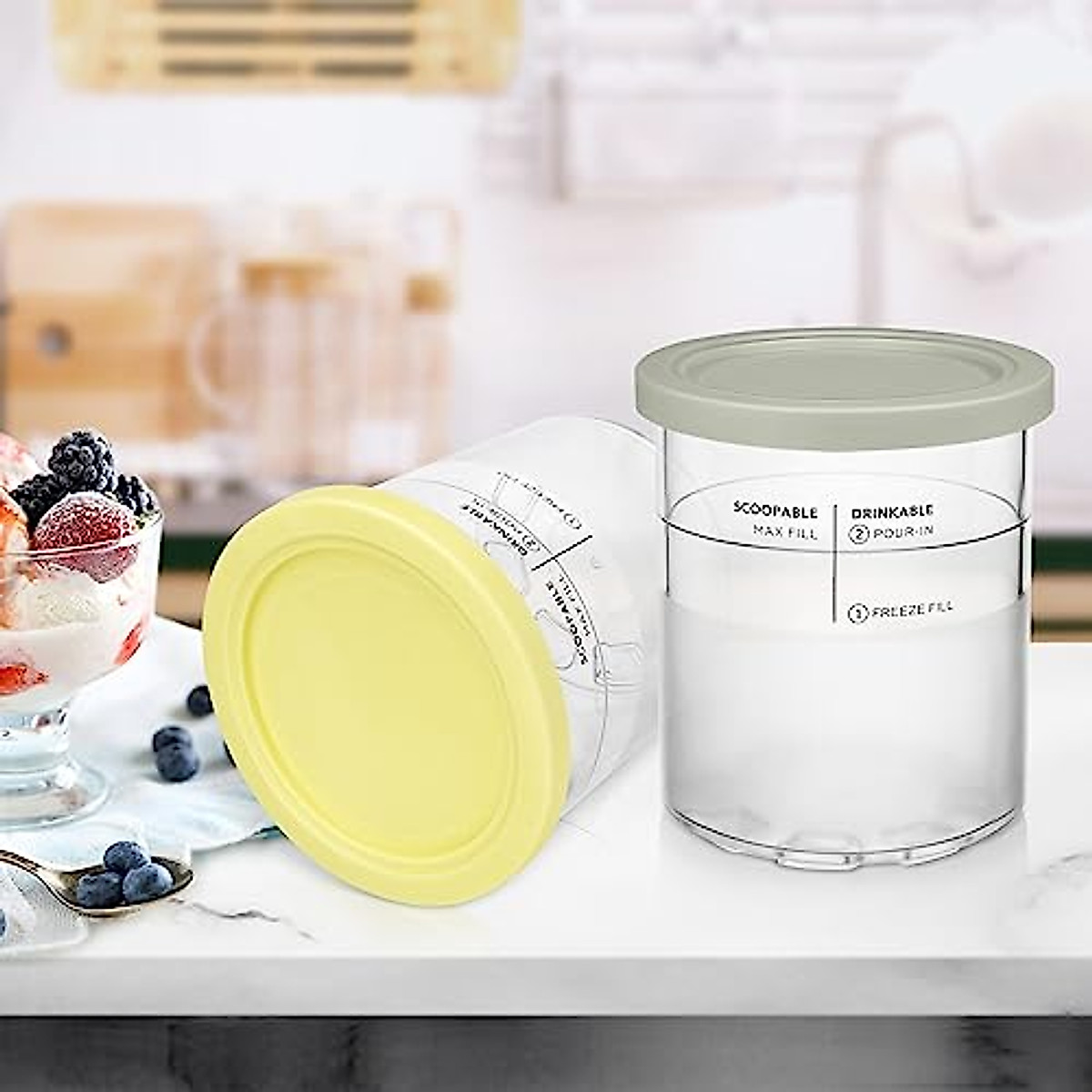 FIRJOY 24 oz. Containers | Extra Replacement Pints and Lids for Ninja Creami Deluxe - Compatible with NC501, NC500 Series (2 Pack - Grey, Yellow)